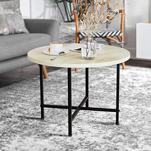 Round Coffee Table, Modern Small Coffee Table Sofa Table Tea Table for Living Room, Office Desk, Balcony, Easy to Install,Wood Desktop and Metal Legs (Nature Oak)