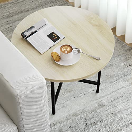 Round Coffee Table, Modern Small Coffee Table Sofa Table Tea Table for Living Room, Office Desk, Balcony, Easy to Install,Wood Desktop and Metal Legs (Nature Oak)