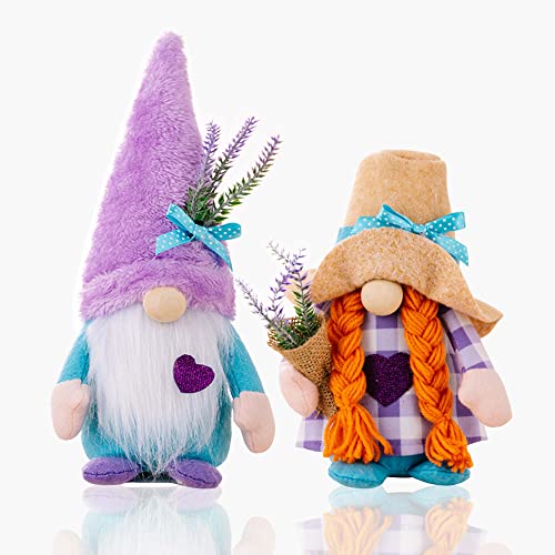 2PCS Purple Lavender Gnomes Plush, Spring Summer Gnomes Decorations for Home, Kitchen Tiered Tray Tomte Decor, Valentine Stuffed Gnomes Gifts for Women, Handmade Ornaments Swedish Home Decorations