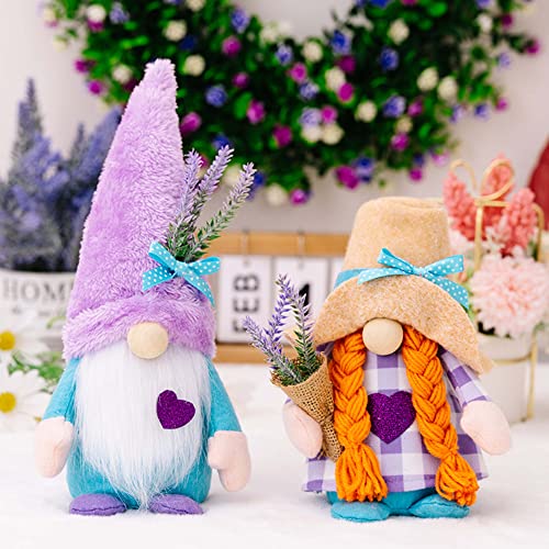 2PCS Purple Lavender Gnomes Plush, Spring Summer Gnomes Decorations for Home, Kitchen Tiered Tray Tomte Decor, Valentine Stuffed Gnomes Gifts for Women, Handmade Ornaments Swedish Home Decorations