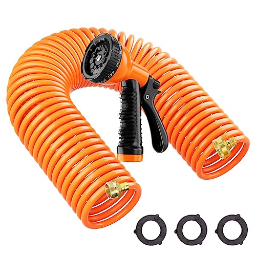 Besiter Coil Hose 25ft,EVA Recoil Garden Hose Brass Connector,Coiled Water Hose Lightweight and No Kink Includes 10 Patterns Spray Nozzle for Outdoors Lawn Watering,Car Washing Orange