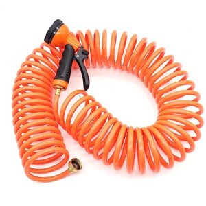 Besiter Coil Hose 25ft,EVA Recoil Garden Hose Brass Connector,Coiled Water Hose Lightweight and No Kink Includes 10 Patterns Spray Nozzle for Outdoors Lawn Watering,Car Washing Orange