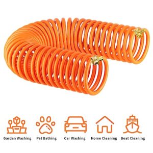 Besiter Coil Hose 25ft,EVA Recoil Garden Hose Brass Connector,Coiled Water Hose Lightweight and No Kink Includes 10 Patterns Spray Nozzle for Outdoors Lawn Watering,Car Washing Orange