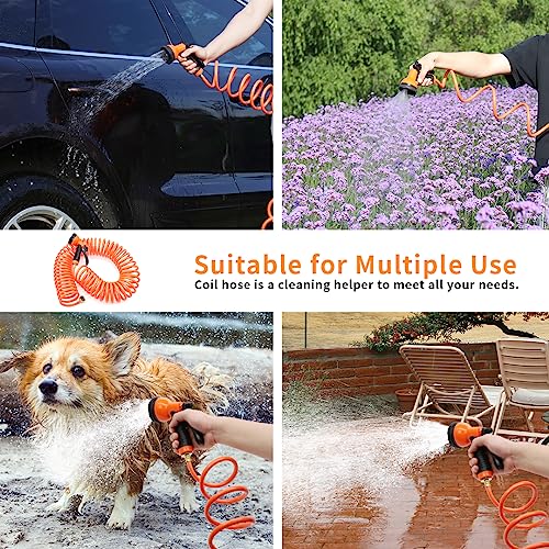 Besiter Coil Hose 25ft,EVA Recoil Garden Hose Brass Connector,Coiled Water Hose Lightweight and No Kink Includes 10 Patterns Spray Nozzle for Outdoors Lawn Watering,Car Washing Orange