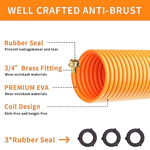 Besiter Coil Hose 25ft,EVA Recoil Garden Hose Brass Connector,Coiled Water Hose Lightweight and No Kink Includes 10 Patterns Spray Nozzle for Outdoors Lawn Watering,Car Washing Orange