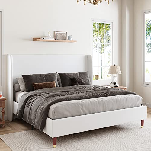 Jocisland Queen Size Bed Frame 51.2" High Linen Upholstered Platform Bed with Wingback Headboard/No Box Spring Needed/Easy Assembly/White