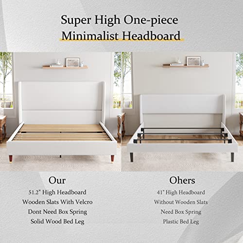 Jocisland Queen Size Bed Frame 51.2" High Linen Upholstered Platform Bed with Wingback Headboard/No Box Spring Needed/Easy Assembly/White