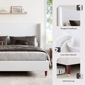 Jocisland Queen Size Bed Frame 51.2" High Linen Upholstered Platform Bed with Wingback Headboard/No Box Spring Needed/Easy Assembly/White