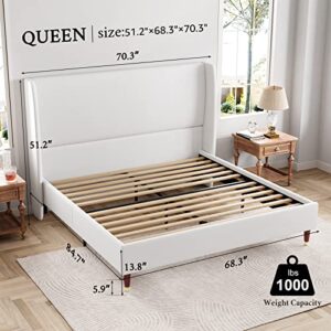 Jocisland Queen Size Bed Frame 51.2" High Linen Upholstered Platform Bed with Wingback Headboard/No Box Spring Needed/Easy Assembly/White