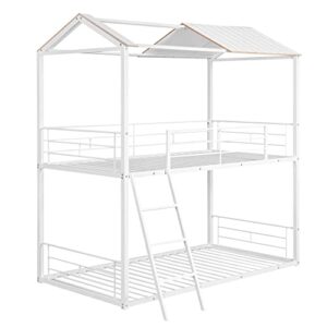 EMKK Twin Over Twin Metal Bunk Bed,House Shaped Low Bunk Beds w/Safety Guardrail & Ladder,Twin Over Twin Bunk Beds for Kids Girls Boys Toddlers,Metal House Bunk Bed Frame with Ladder