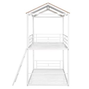 EMKK Twin Over Twin Metal Bunk Bed,House Shaped Low Bunk Beds w/Safety Guardrail & Ladder,Twin Over Twin Bunk Beds for Kids Girls Boys Toddlers,Metal House Bunk Bed Frame with Ladder