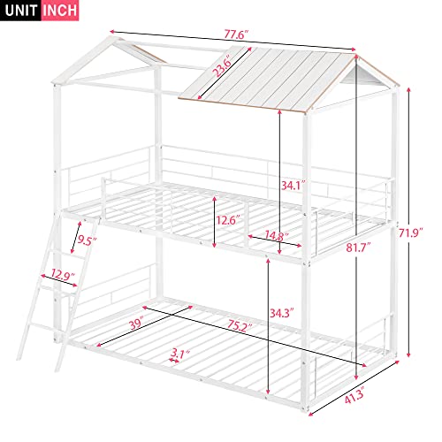 EMKK Twin Over Twin Metal Bunk Bed,House Shaped Low Bunk Beds w/Safety Guardrail & Ladder,Twin Over Twin Bunk Beds for Kids Girls Boys Toddlers,Metal House Bunk Bed Frame with Ladder