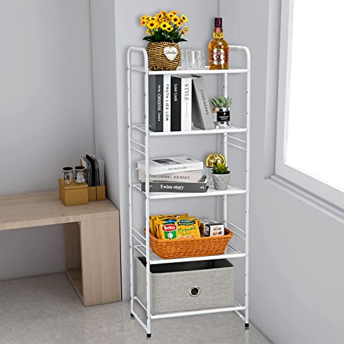 GEORIS 5-Tier Storage Rack with Shelf Heavy Duty Wire Shelving Unit Storage Rack, Stackable Extendable Plant Stand Bathroom Organizer with Adjustable Shelf, Water Bottle Storage Holder, White