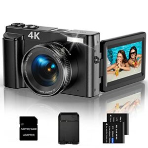 4k digital camera for photography and video autofocus 48mp vlogging camera for youtube compact camera 16x digital zoom with flash 180 degree 3.0 inch flip screen, 32g sd card, 2 batteries & charger