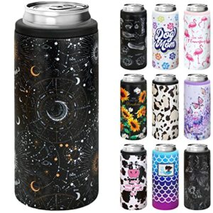 newyt skinny can cooler,slim can cooler insulated,double wall vacuum stainless steel drink holder,skinny can coozie 12oz for hard seltzer,slim beer and energy drinks-astrology print