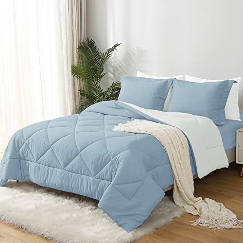 JOLLYVOGUE Light Blue/Ivory Queen Comforter Set, Reversible Bed in a Bag Bedding Set for All Seasons, 3 Pieces Bed Set with 1 Comforter and 2 Pillow Shams