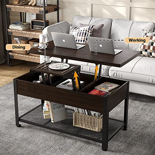 Furniouse Coffee Table Lift Top, 3 in 1 Multi-Function Coffee Table with Hidden Compartment, Coffee Table Converts to Dining Table for Living Room, Home Office, Espresso