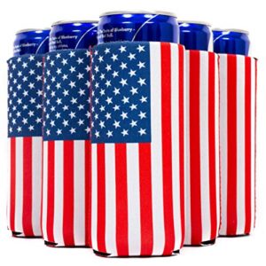 qualityperfection slim can cooler sleeves, beer/energy drink pattern skinny 12 oz neoprene coolie, thermocoolers for 12 oz tall skinny beverage - 6 pack (american flag navy blue)