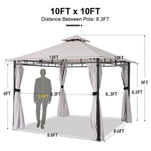 CHARMELEON 10x10ft Gazebo for Patio, Outdoor Gazebo with Curtains & Sandbags, Double Roof Tops Patio Gazebo, Waterproof Patio Canopy for Garden, Deck, Backyard (Light Grey)