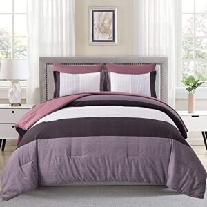 7 Pieces Purple Bed in a Bag Queen Comforter Set Striped Comforter with Sheets and Pillows for Queen Bed - Gradient Light Purple Patchwork Stripe Down Alternative Reversible Bedding Set 90"x90"