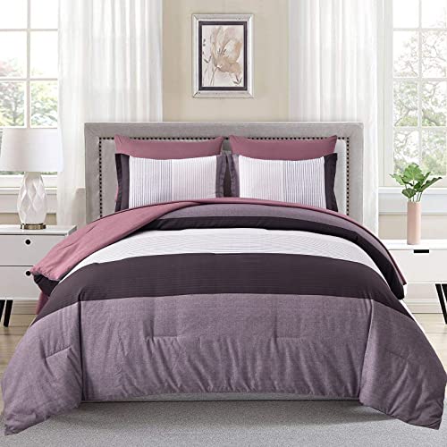 7 Pieces Purple Bed in a Bag Queen Comforter Set Striped Comforter with Sheets and Pillows for Queen Bed - Gradient Light Purple Patchwork Stripe Down Alternative Reversible Bedding Set 90"x90"