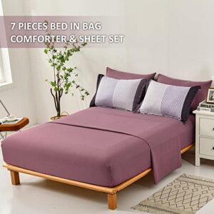 7 Pieces Purple Bed in a Bag Queen Comforter Set Striped Comforter with Sheets and Pillows for Queen Bed - Gradient Light Purple Patchwork Stripe Down Alternative Reversible Bedding Set 90"x90"