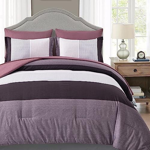 7 Pieces Purple Bed in a Bag Queen Comforter Set Striped Comforter with Sheets and Pillows for Queen Bed - Gradient Light Purple Patchwork Stripe Down Alternative Reversible Bedding Set 90"x90"