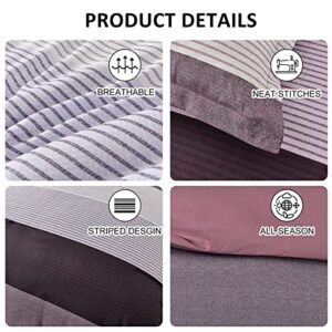 7 Pieces Purple Bed in a Bag Queen Comforter Set Striped Comforter with Sheets and Pillows for Queen Bed - Gradient Light Purple Patchwork Stripe Down Alternative Reversible Bedding Set 90"x90"