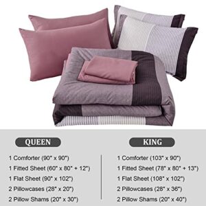 7 Pieces Purple Bed in a Bag Queen Comforter Set Striped Comforter with Sheets and Pillows for Queen Bed - Gradient Light Purple Patchwork Stripe Down Alternative Reversible Bedding Set 90"x90"