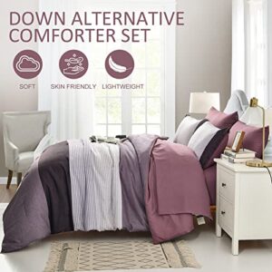 7 Pieces Purple Bed in a Bag Queen Comforter Set Striped Comforter with Sheets and Pillows for Queen Bed - Gradient Light Purple Patchwork Stripe Down Alternative Reversible Bedding Set 90"x90"