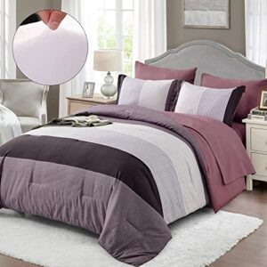 7 Pieces Purple Bed in a Bag Queen Comforter Set Striped Comforter with Sheets and Pillows for Queen Bed - Gradient Light Purple Patchwork Stripe Down Alternative Reversible Bedding Set 90"x90"