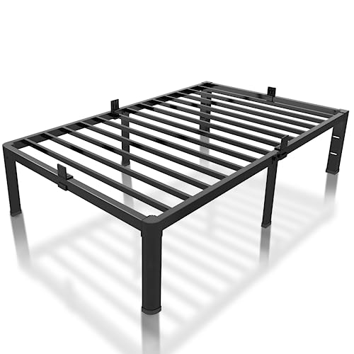 ROIL 14 inch Twin Bed Frames with Headboard Hole and Round Corner Legs Mattress Retainers 3500LBS Heavy Duty Steel Slats No Box Spring Needed Platform Noise-Free Underneath Storage Easy Assembly