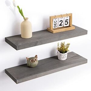 axeman floating shelves 8 inch deep, grey 24 inch solid wood shelves set of 2, wall mounted shelves for living room kitchen bathroom, grey washed