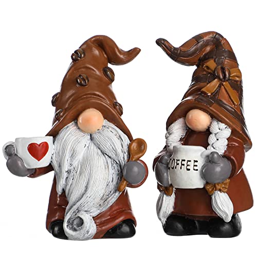 Funoasis 2PCS Resin Coffee Gnomes Hand Painted Desk Coffee Bar Corner Statues Home Kitchen Farmhouse Table Shelf Collectible Dolls Daily Gifts Figurines