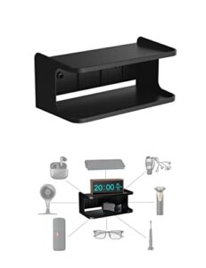 notmbestm bedside wall shelf organizer small bedside shelf wall mount for bed universal stick on wall shelf double tray holder for storing cellphone, glasses, keys, camera, alarm clock (black)