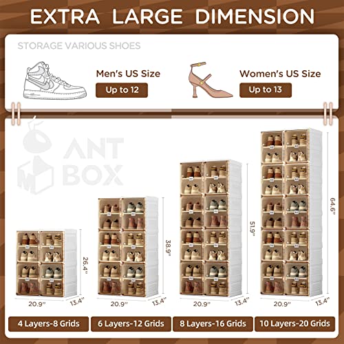 ANTBOX Shoe Organizer Storage Box, Portable Folding Shoe Rack for Closet with Magnetic Clear Door,Large Sneaker Cabinet Bins All-in-one Sturdy Easy Assembly 8 Layers-16 Grids