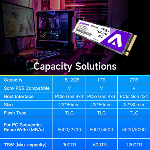 Acclamator 2TB PCIe 4x4 NVMe Solid State Drive Compatible with PS5 Read 5000 MB/s M.2 2280 3D NAND TLC N50