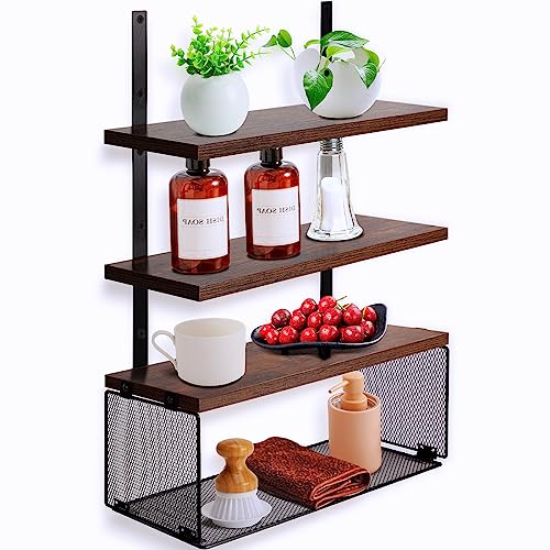 GIOTORENT Floating Shelves Wall Mounted Set of 3, Wood Bathroom Shelves Over Toilet with Paper Storage Basket,Wood Wall Shelves for Wall Decor, Bathroom, Bedroom, Living Room,Rustic Brown