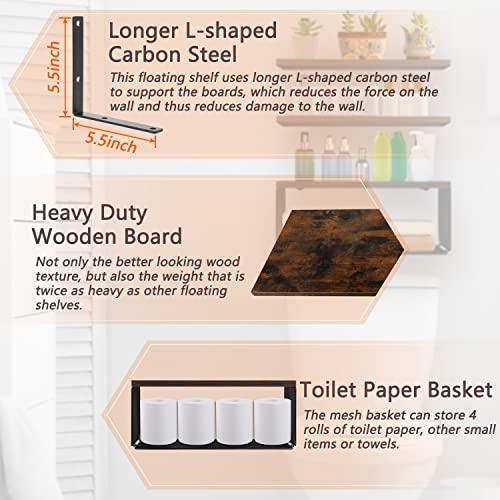 GIOTORENT Floating Shelves Wall Mounted Set of 3, Wood Bathroom Shelves Over Toilet with Paper Storage Basket,Wood Wall Shelves for Wall Decor, Bathroom, Bedroom, Living Room,Rustic Brown