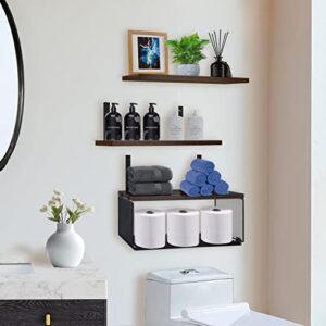 GIOTORENT Floating Shelves Wall Mounted Set of 3, Wood Bathroom Shelves Over Toilet with Paper Storage Basket,Wood Wall Shelves for Wall Decor, Bathroom, Bedroom, Living Room,Rustic Brown