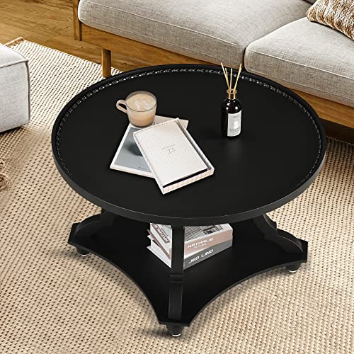 Wnutrees Farmhouse Round Coffee Table, Rustic Circle Coffee Table with Wood Tray Top for Living Room, Boho Coffee Table with Storage Shelf, Handcrafted Finish,Black