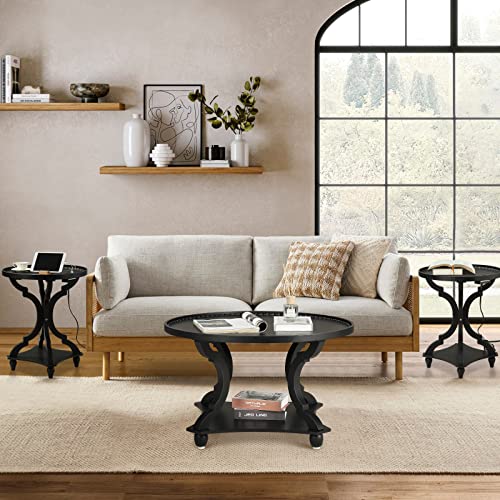 Wnutrees Farmhouse Round Coffee Table, Rustic Circle Coffee Table with Wood Tray Top for Living Room, Boho Coffee Table with Storage Shelf, Handcrafted Finish,Black