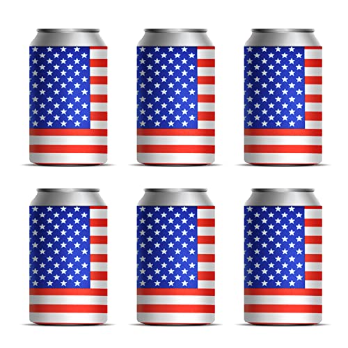 6 Pack American Flag Beer Can Cooler Sleeves 4th of July Decorations, 5.1 x 3.9 Inch Insulated Collapsible USA Pattern Drink Cooler Sleeves for 12 oz Cans and Bottles, Memorial Day Independence Day