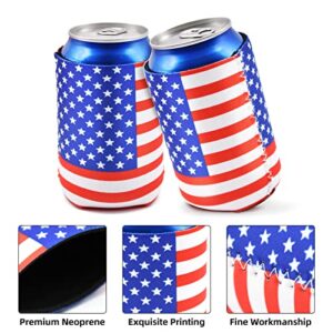 6 Pack American Flag Beer Can Cooler Sleeves 4th of July Decorations, 5.1 x 3.9 Inch Insulated Collapsible USA Pattern Drink Cooler Sleeves for 12 oz Cans and Bottles, Memorial Day Independence Day