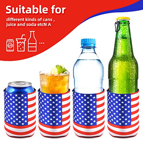 6 Pack American Flag Beer Can Cooler Sleeves 4th of July Decorations, 5.1 x 3.9 Inch Insulated Collapsible USA Pattern Drink Cooler Sleeves for 12 oz Cans and Bottles, Memorial Day Independence Day