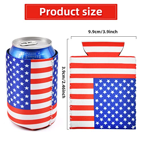 6 Pack American Flag Beer Can Cooler Sleeves 4th of July Decorations, 5.1 x 3.9 Inch Insulated Collapsible USA Pattern Drink Cooler Sleeves for 12 oz Cans and Bottles, Memorial Day Independence Day