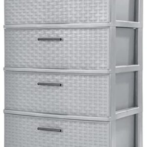 4 Drawer Wide Weave Storage Tower with Driftwood Handles,Organizer Storage Tower for Closet, Bedroom, Entryway, White (Cement)