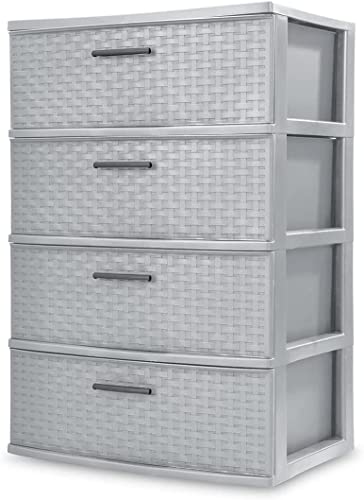 4 Drawer Wide Weave Storage Tower with Driftwood Handles,Organizer Storage Tower for Closet, Bedroom, Entryway, White (Cement)