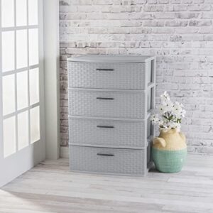 4 Drawer Wide Weave Storage Tower with Driftwood Handles,Organizer Storage Tower for Closet, Bedroom, Entryway, White (Cement)