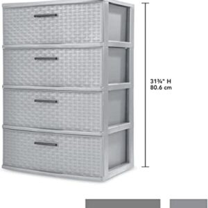 4 Drawer Wide Weave Storage Tower with Driftwood Handles,Organizer Storage Tower for Closet, Bedroom, Entryway, White (Cement)